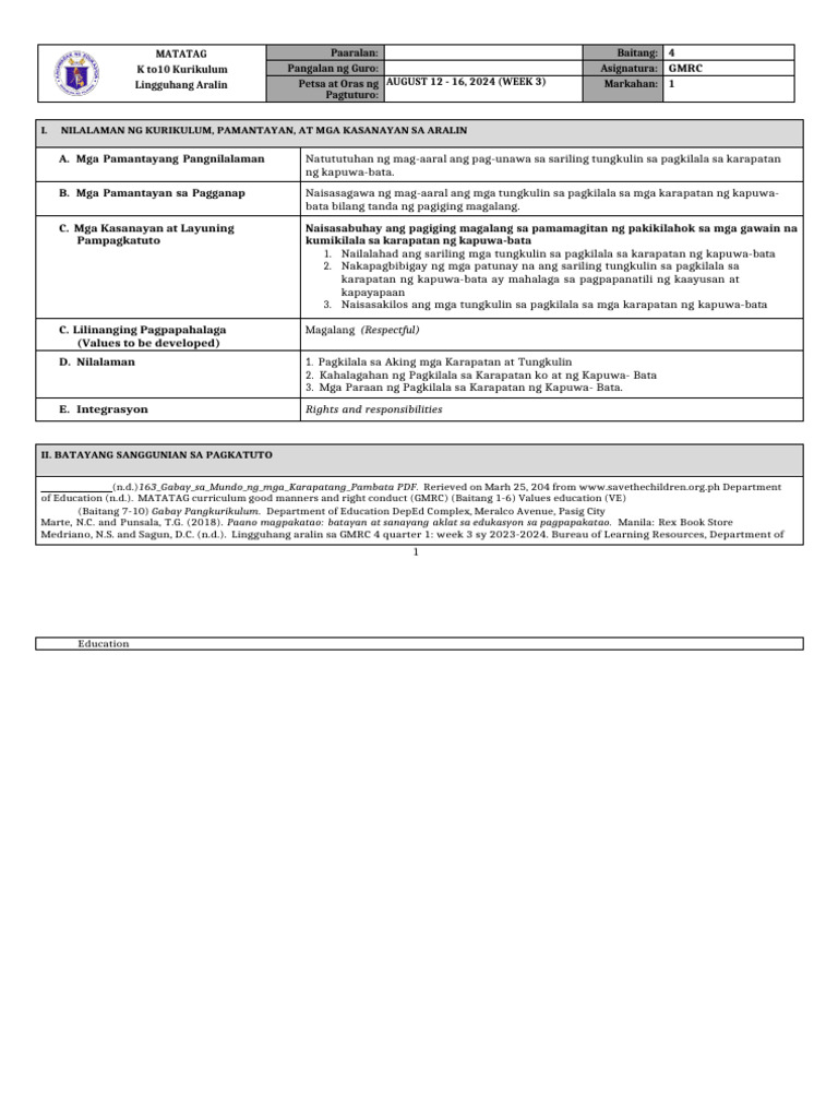 DLL Matatag - GMRC 4 Q1 W3 | PDF