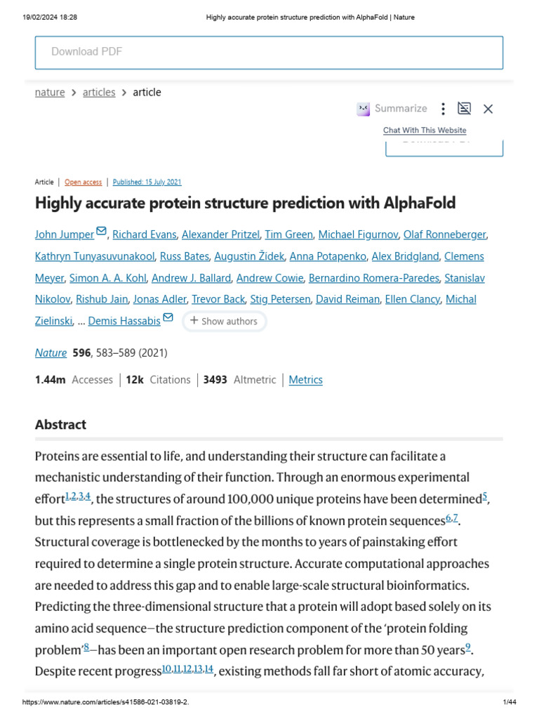 Highly Accurate Protein Structure Prediction With AlphaFold - Nature | PDF