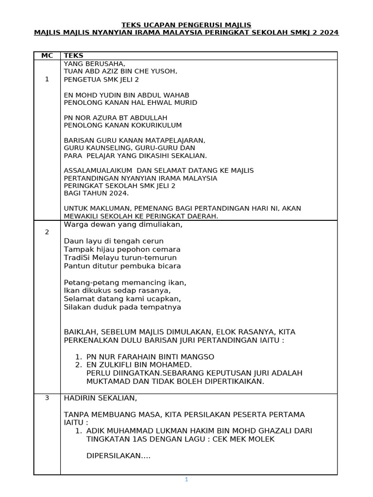 Teks Majlis Pertandingan Nyanyian | PDF
