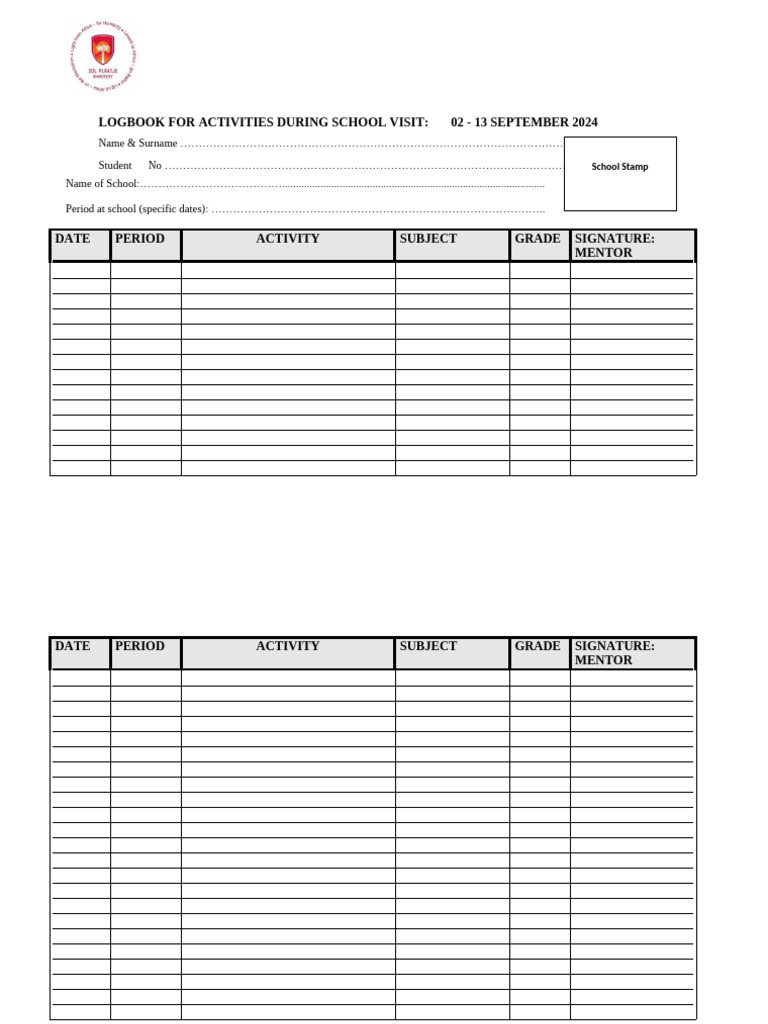 Logbook For Activities During School Visit | PDF