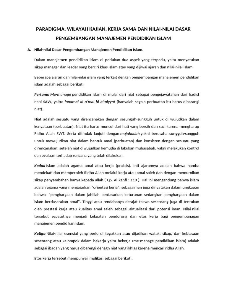 Paradigma, Wilayah Kajian, Kerja Sama Dan Nilai-Nilai Dasar Pengembangan Manajemen Pendidikan ...