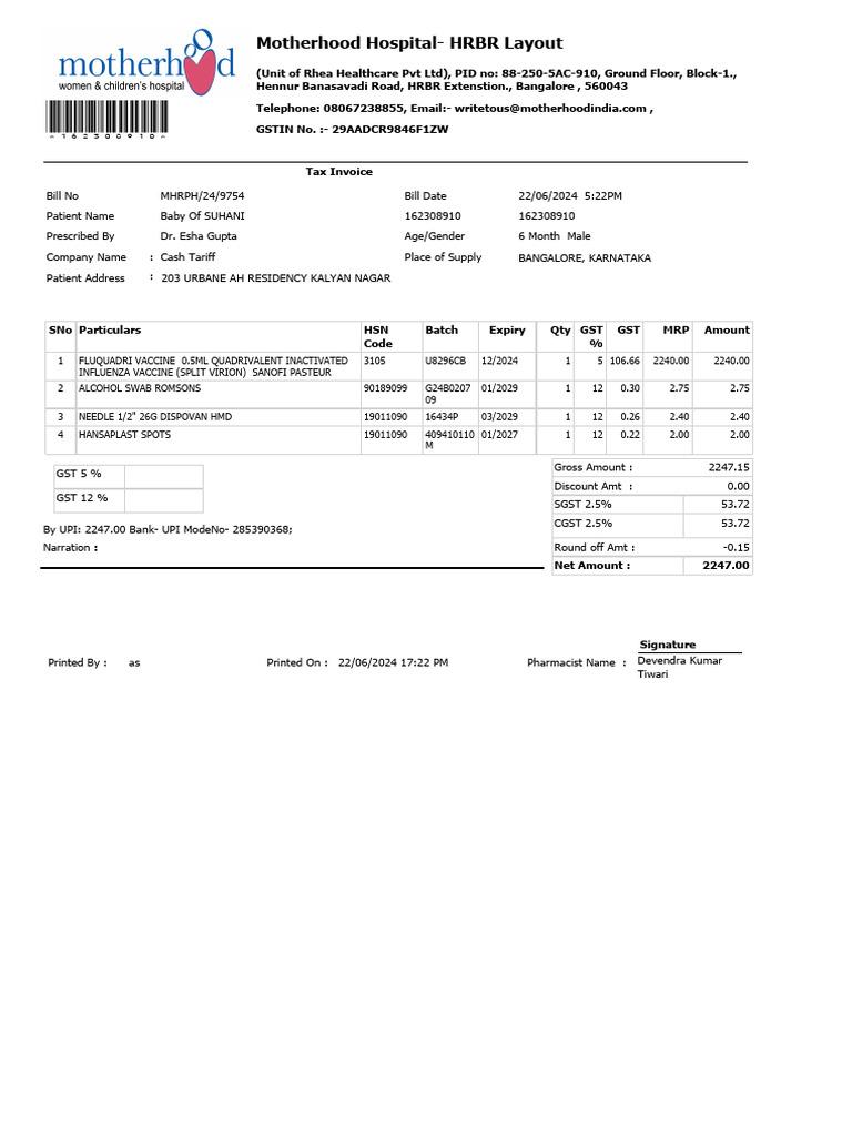 Motherhood Hospital-HRBR Layout: DL NO.: - KA-B51-247240, 247241 ...