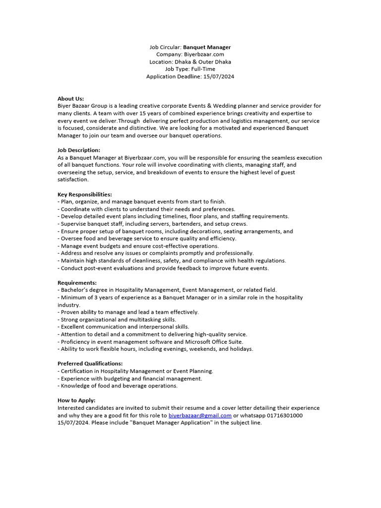 Job Circular For Banquet Manager | PDF