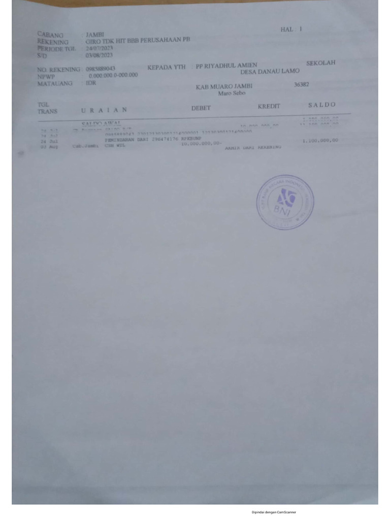 Rekening Koran Terima Dan Tarik Dana Bop PP Ra 2023 | PDF