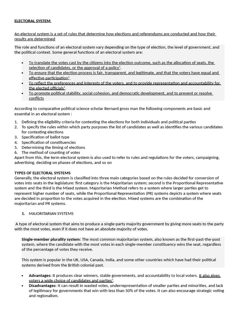 ELECTORAL SYSTEM Sem 4 Notes Political Science Du | PDF