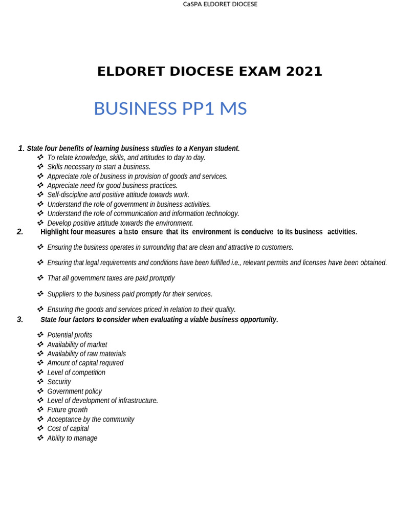 Business Studies Pp1 Marking Scheme | PDF