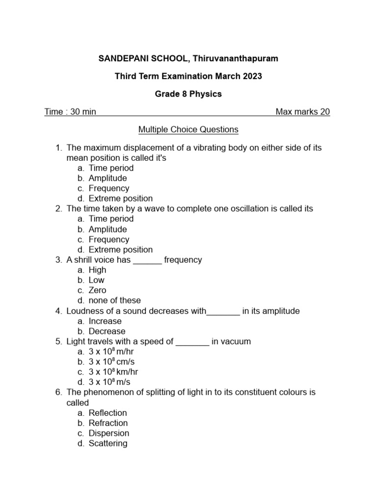 Grade 8 Physics Mcq Pdf