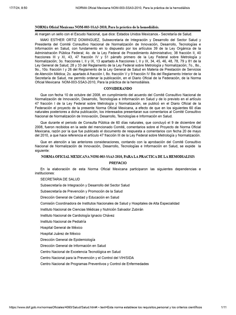 NORMA Oficial Mexicana NOM-003-SSA3-2010, para La Práctica de La Hemodiálisis | PDF