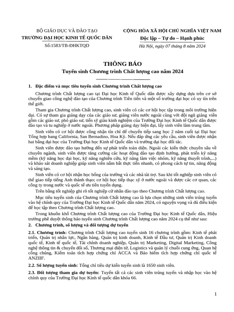 Thong Bao Tuyen Sinh CT CLC K66 | PDF