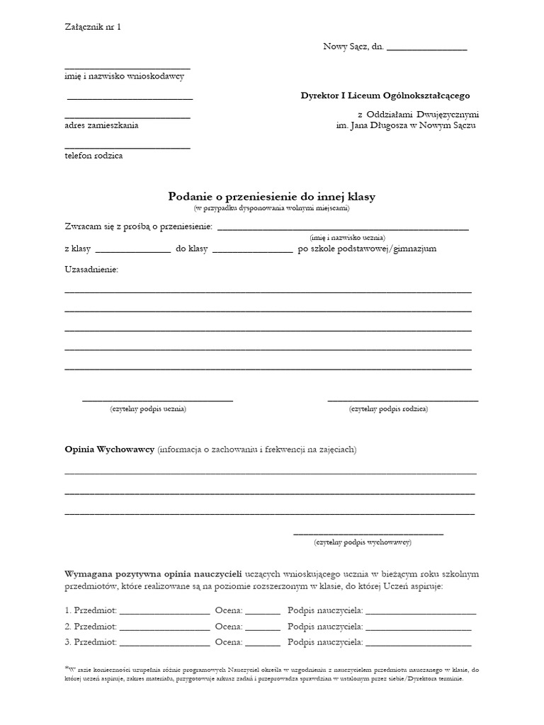 Wniosek o Przeniesienie Z Klasy Do Klasy | PDF