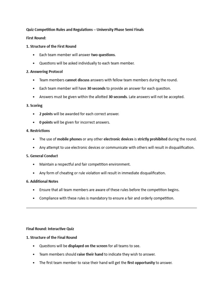Quiz Competition Rules and Regulations - Semi Finals | PDF