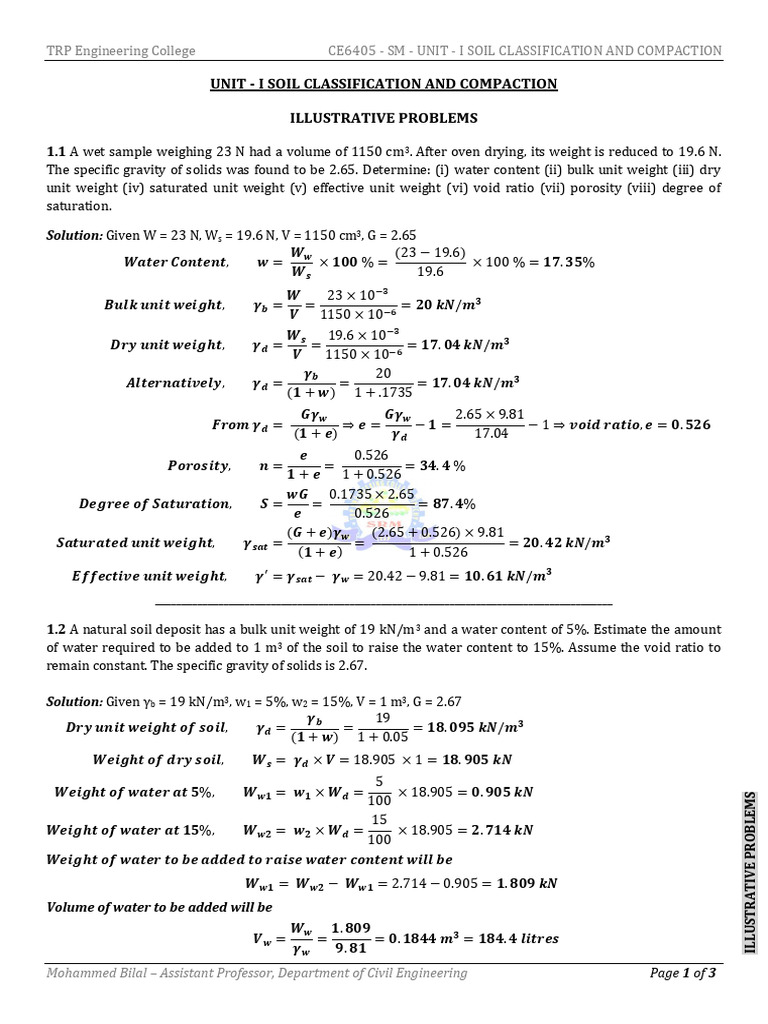 CE6405 U1P Soil Classification and Compaction - Illustrative Problems | PDF