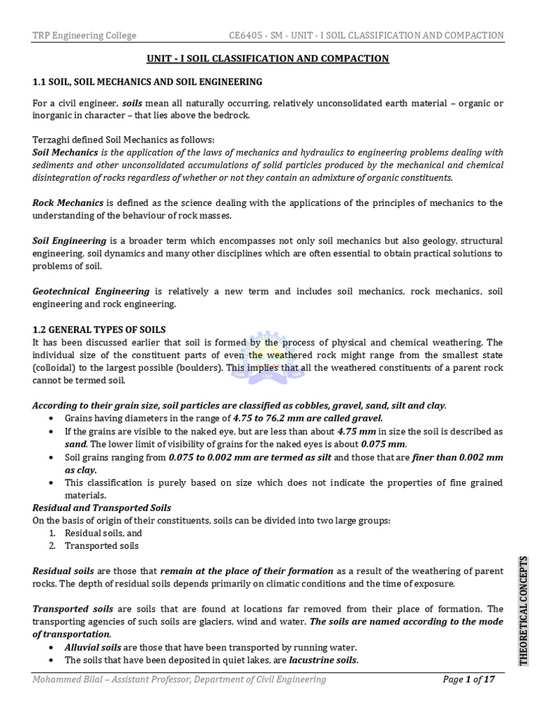 CE6405 U1T Soil Classification and Compaction - Theoretical Concepts | PDF