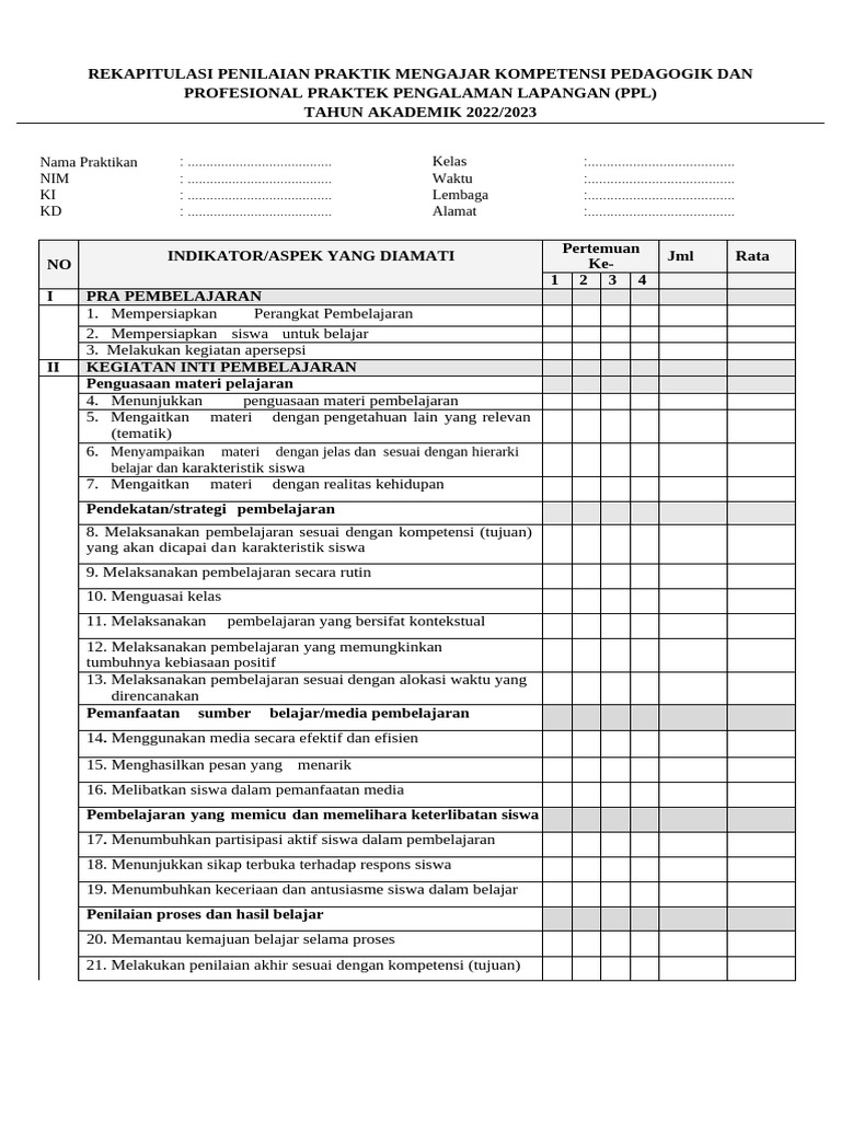 Form Penilaian PPL | PDF