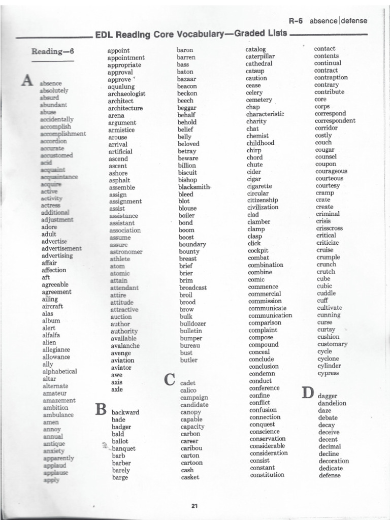 EDL Reading Core Vocabulary Grade-Level Lists | PDF
