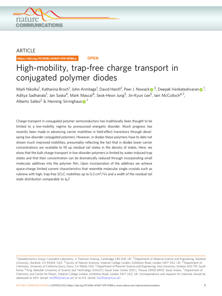 High-Mobility, Trap-Free Charge Transport in Conjugated Polymer Diodes ...