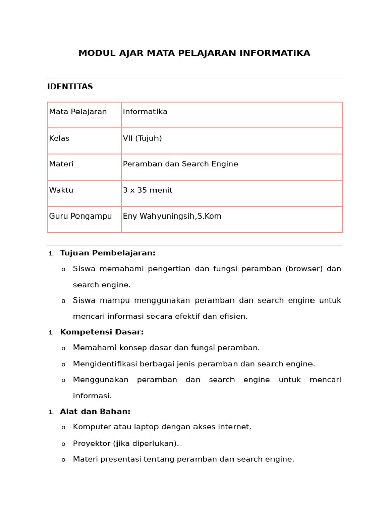 Modul Ajar Mata Pelajaran Informatika Kelas 7 | PDF