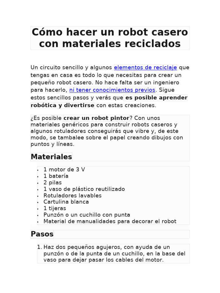 Cómo hacer un robot casero con materiales reciclados | PDF