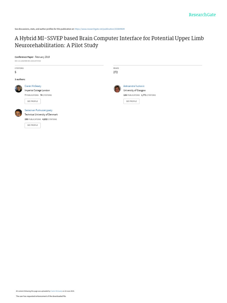 A Hybrid MI-SSVEP Based Brain Computer Interface For Potential Upper Limb Neurorehabilitation: A ...