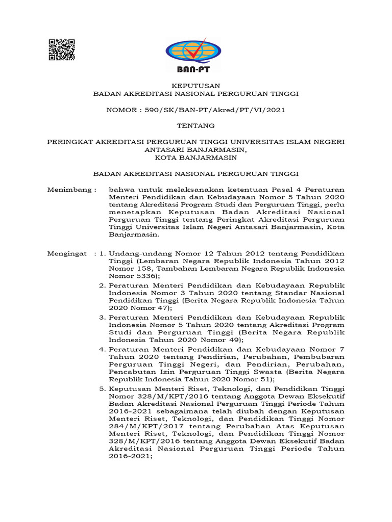 SK Akreditasi UIN ANTASARI 2021 2026 | PDF