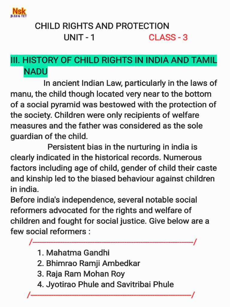 Child Rights and Protection - Unit 1 - Class 3 | PDF