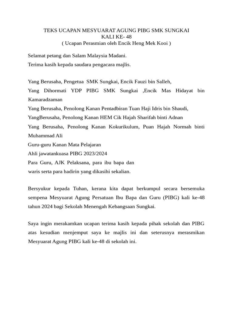Teks Ucapan Mesyuarat Agung Pibg SMK Sungkai 2024 | PDF