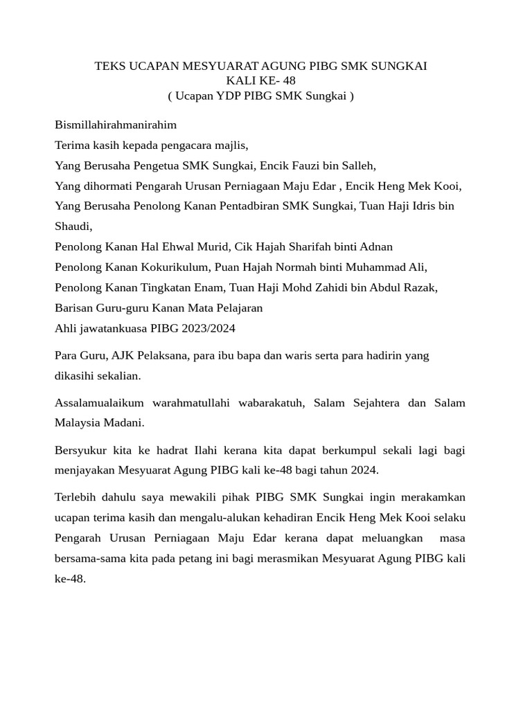 Teks Ucapan Mesyuarat Agung Ydp Pibg SMK Sungkai | PDF