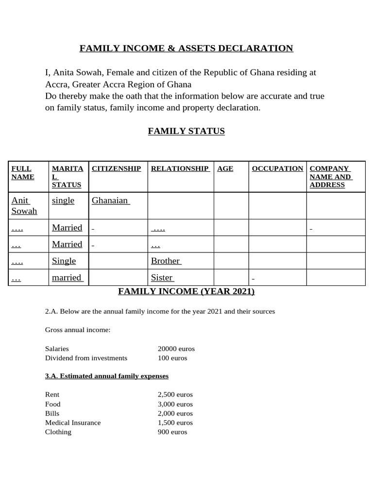 Family Declaration Sample - 052600 | PDF