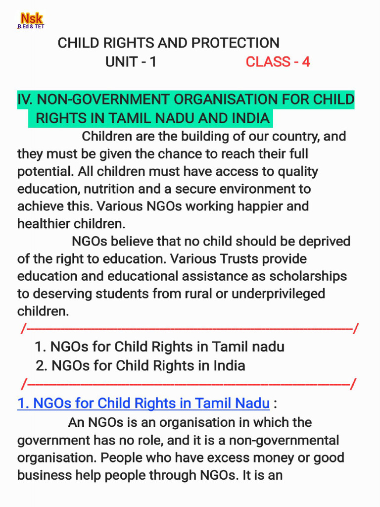 Child Rights and Protection - Unit 1 - Class 4 | PDF