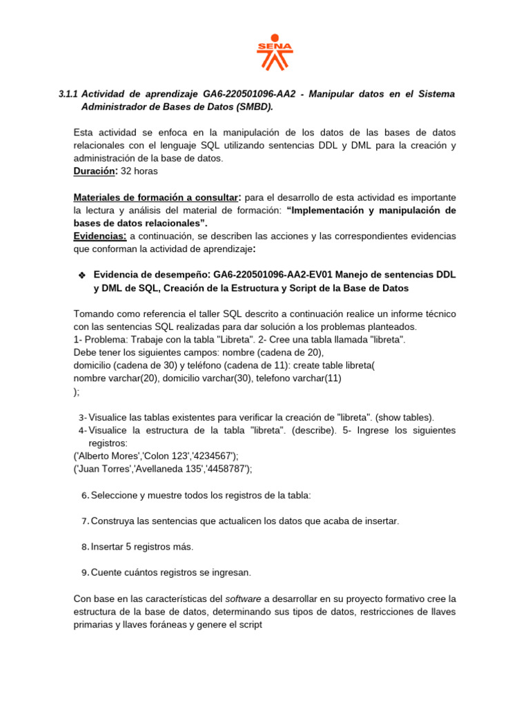 Manejo de Sentencias DDL y DML de SQL, Estructura Sript de BD | PDF | SQL | Bases de datos