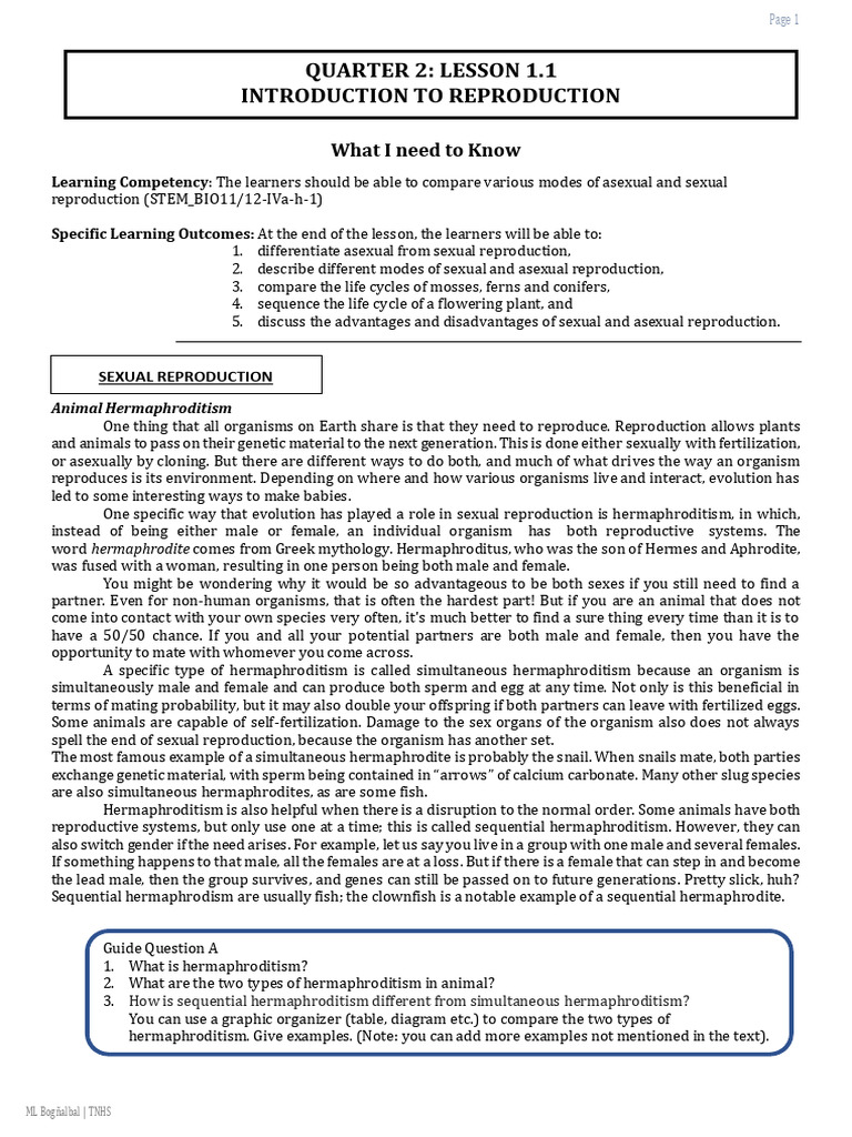 Gen Bio 2 Q2 Lesson 1.1 Reproduction | PDF