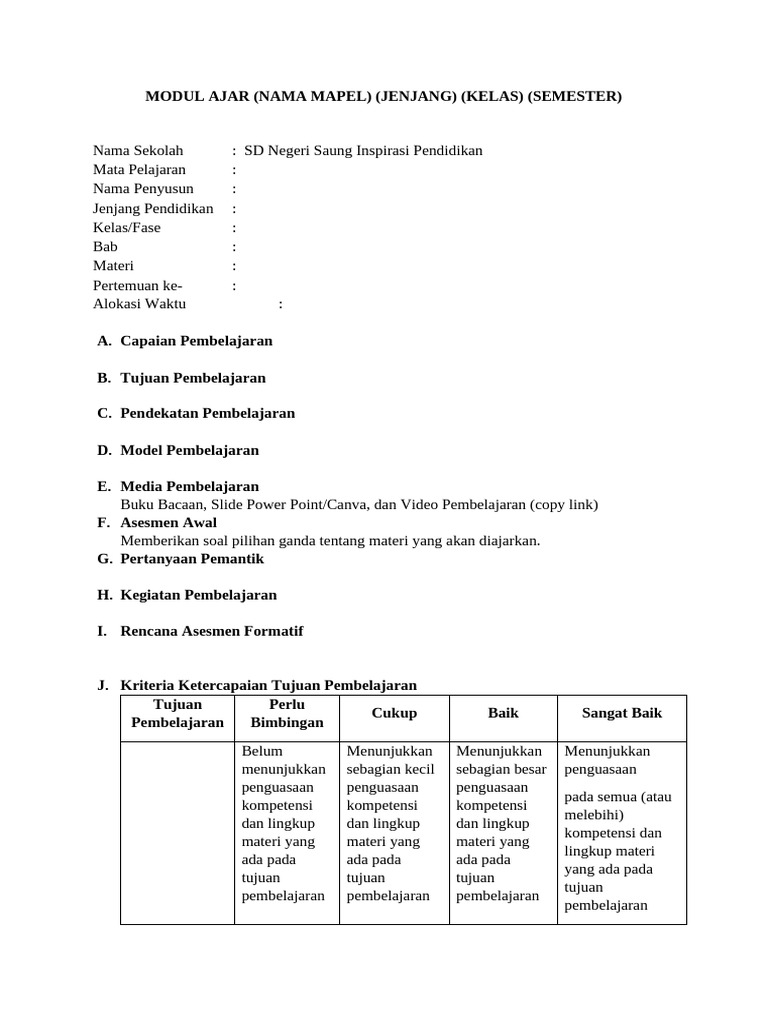 Contoh Template Modul Ajar Kls 5 | PDF