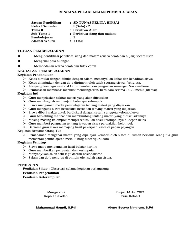 RPP 1 Lembar Kelas 1 Tema 8 ST 1 Revisi | PDF
