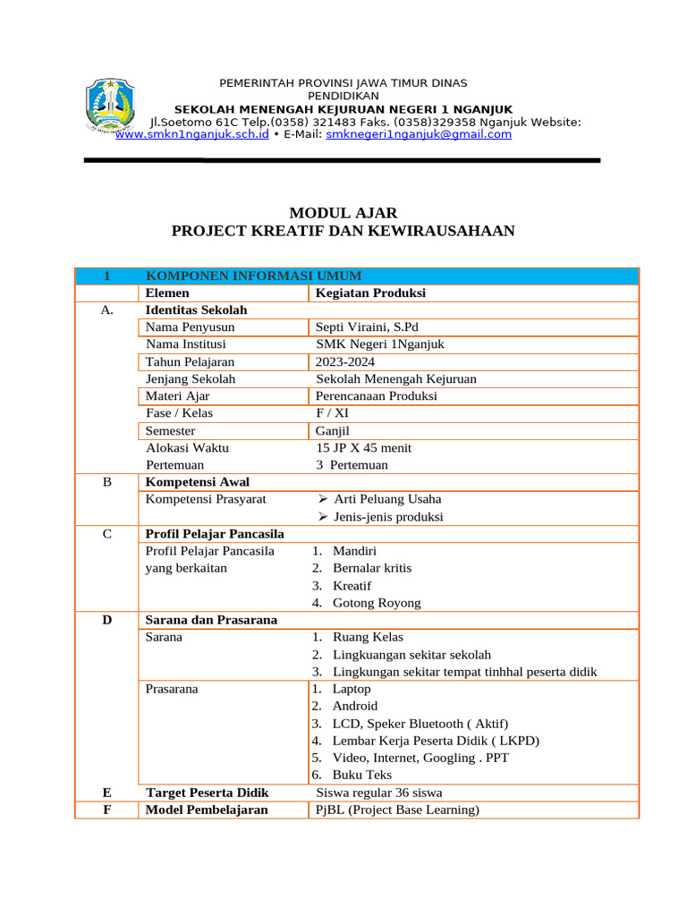 Modul Ajar Perencanaan Produksi Fase F | PDF | Seni
