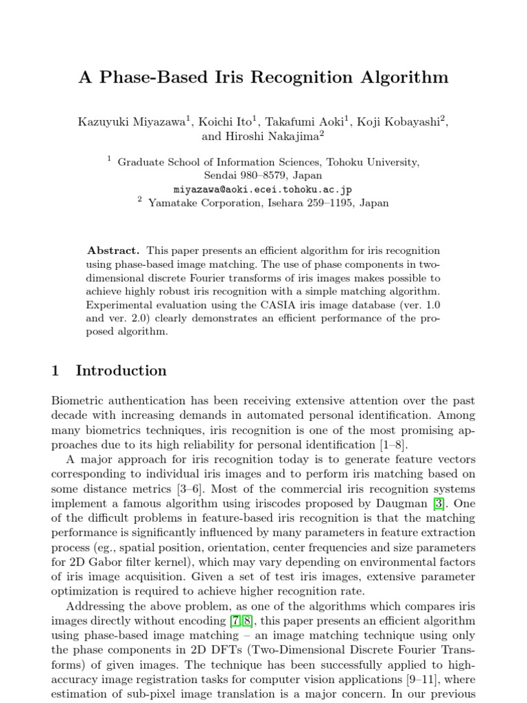 An Efficient Phase-Based Iris Recognition Algorithm Using Image Matching of Phase Components in ...