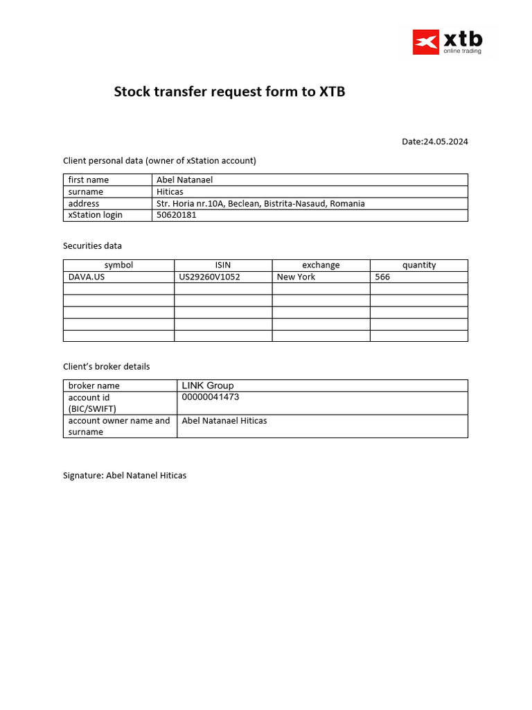 Formular Transfer Catre XTB 2024 | PDF