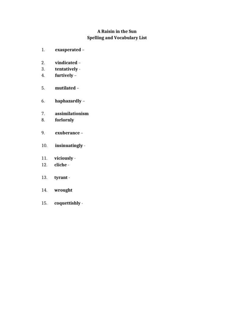 A Raisin in The Sun - Spelling Vocabulary List | PDF