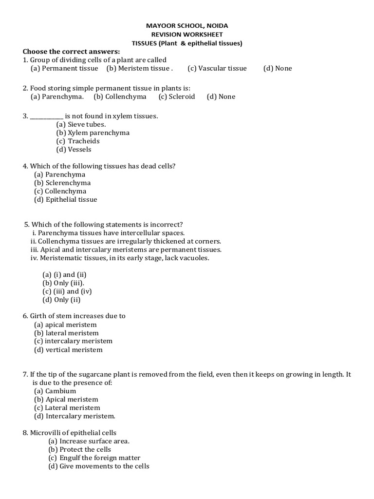 Tissues - Revision Worksheet | PDF