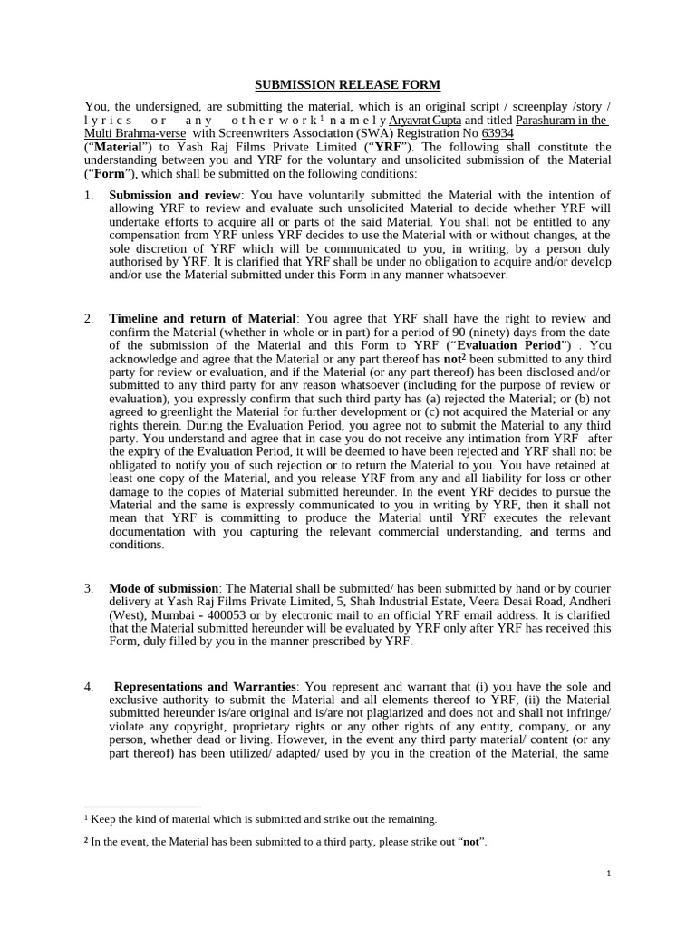 YRF Script Submission Release Form | PDF | Indemnity | Common Law