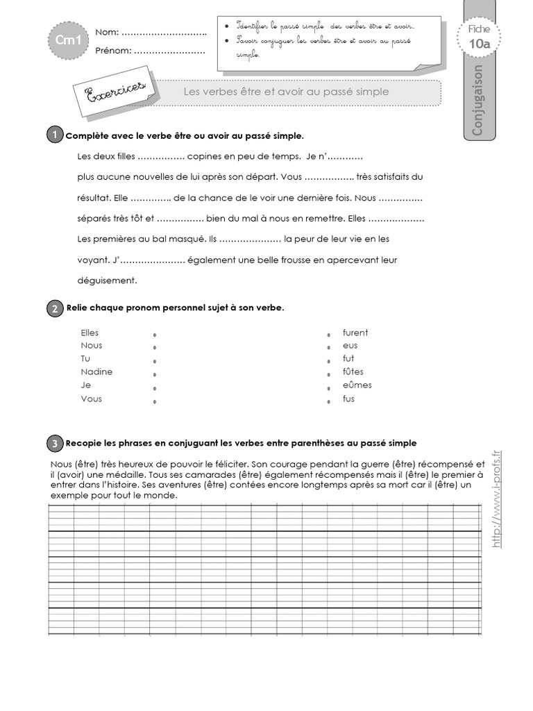 cm1 Exercices Etre Avoir Passe Simple | PDF