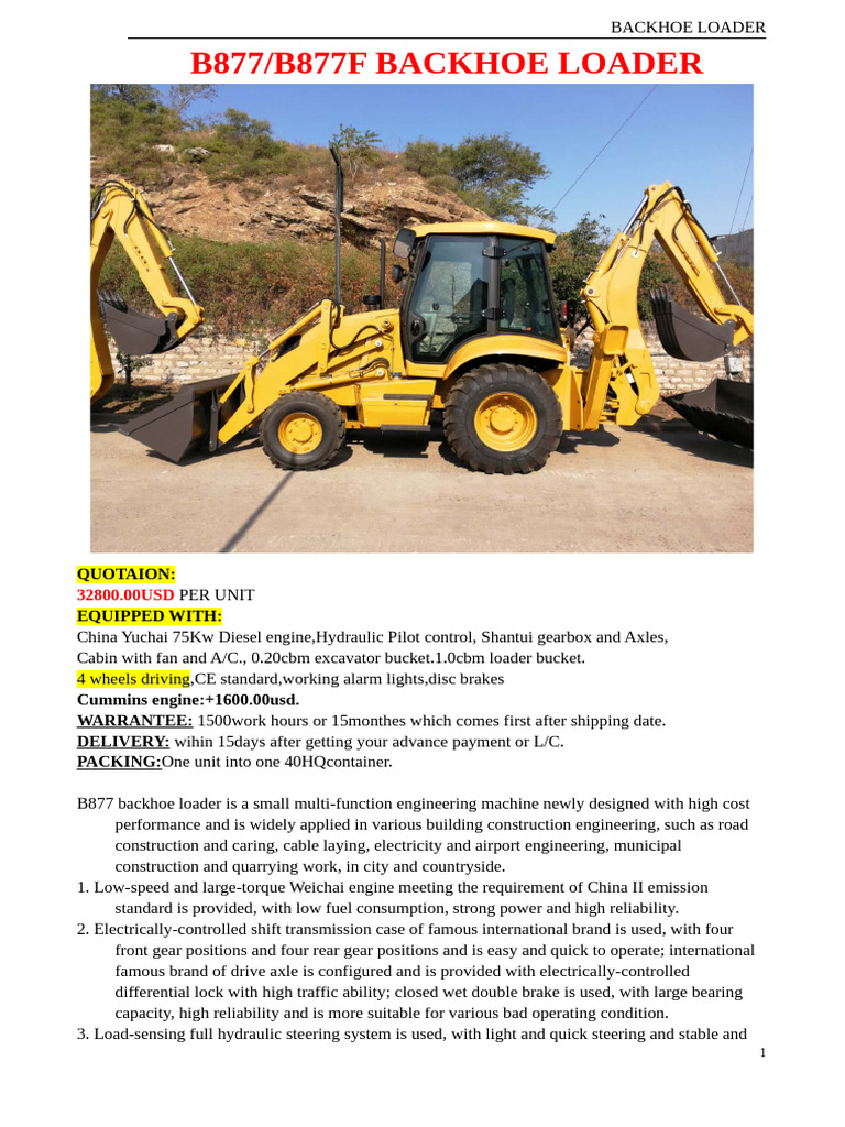 B877 Backhoe Quotation 2019 | PDF