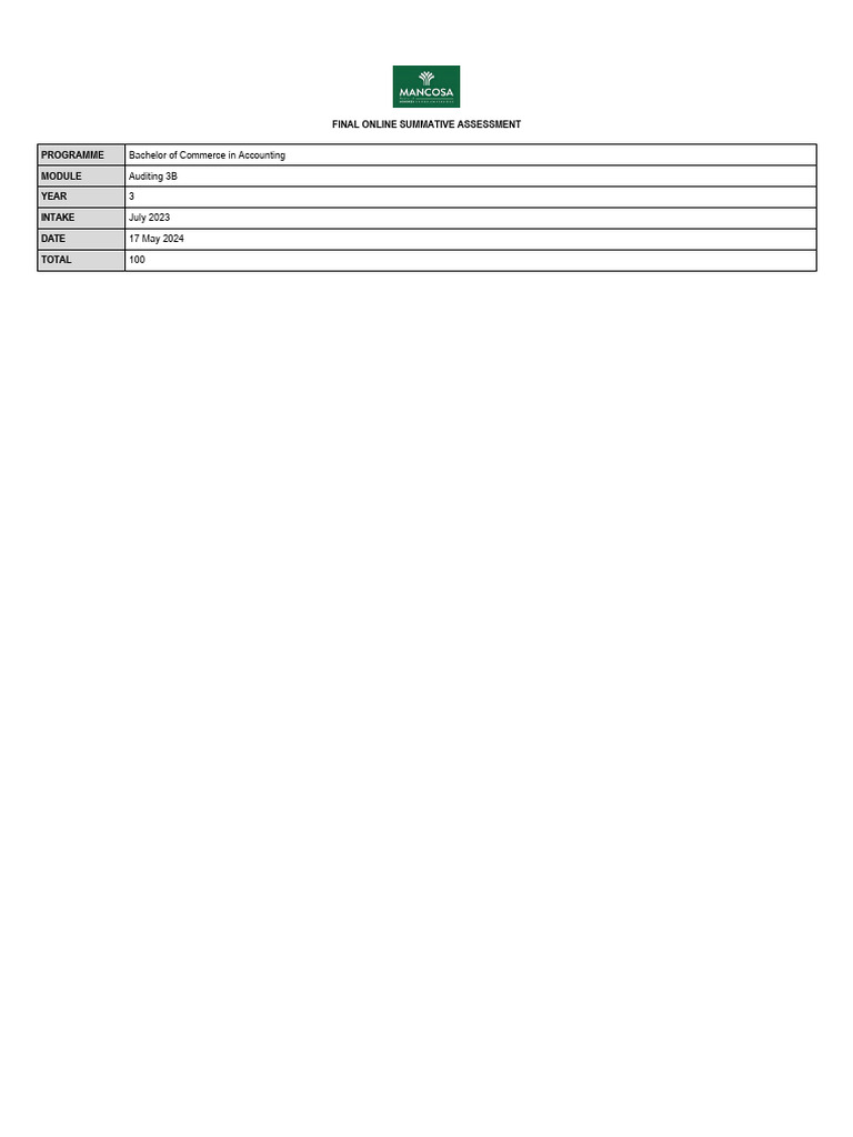 OSA - JUL23 - S2 - BCOM - ACC - Auditing 3B - FINAL | PDF | Going Concern | Audit