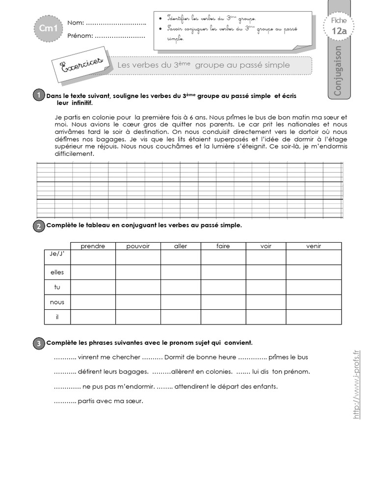 cm1 Exercices 3eme Groupe Passe Simple | PDF