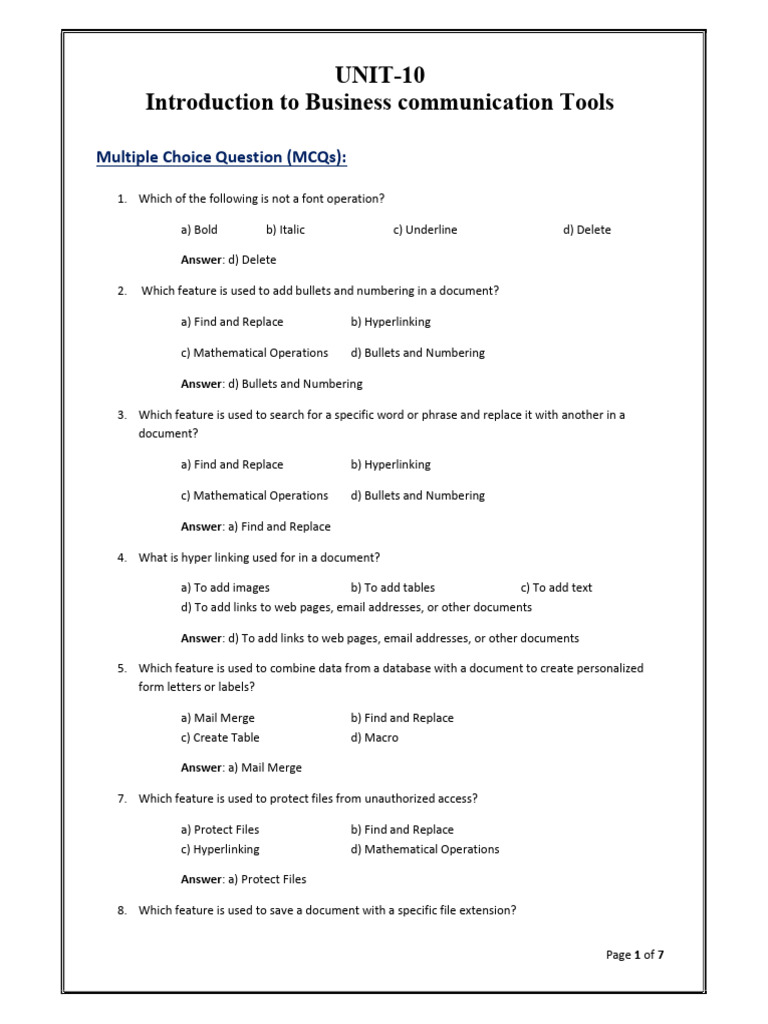 UNIT-10 - MCQs & SAQs - Introduction To Business Communication Tools | PDF