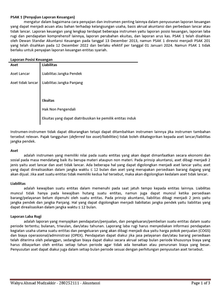Summary PSAK 1 Dan PSAK 2 - Wahyu Ahmad Mudzakkir - 2802552111 | PDF