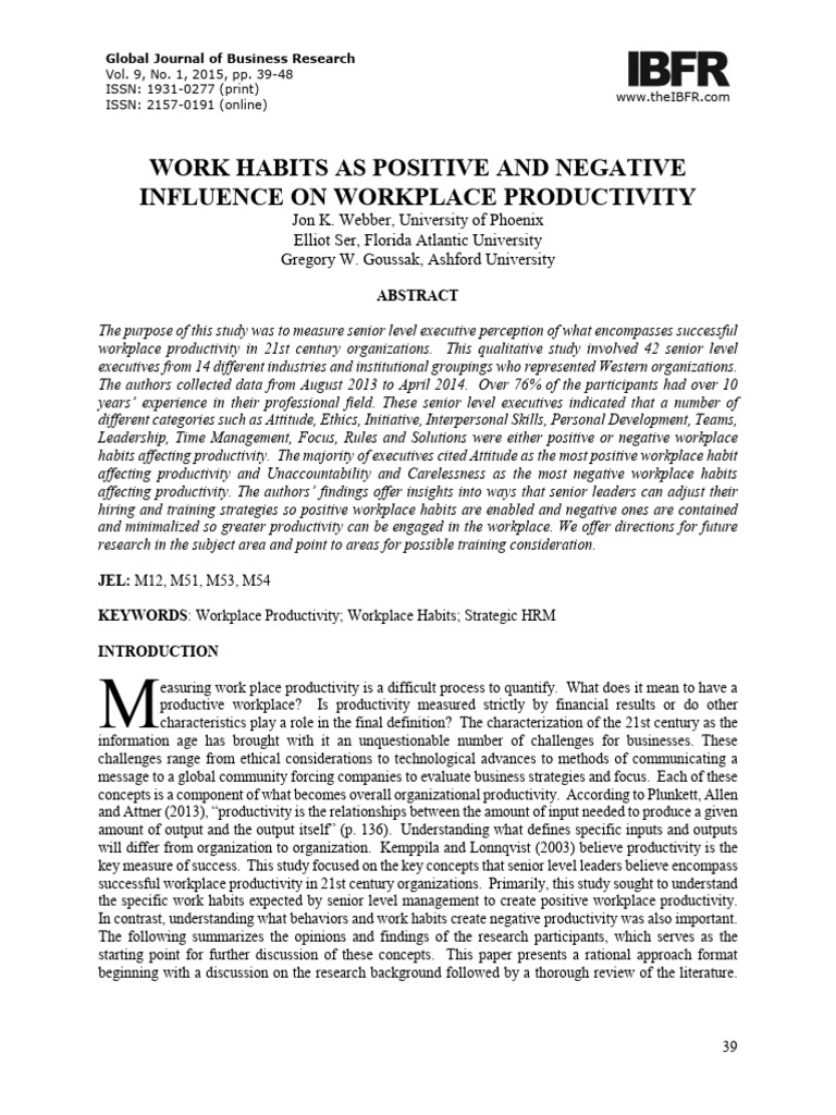 WORK HABITS AS POSITIVE AND NEGATIVE INFLUENCE ON WORKPLACE ...