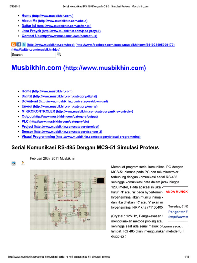 Serial Komunikasi RS-485 Dengan MCS-51 Simulasi Proteus | PDF