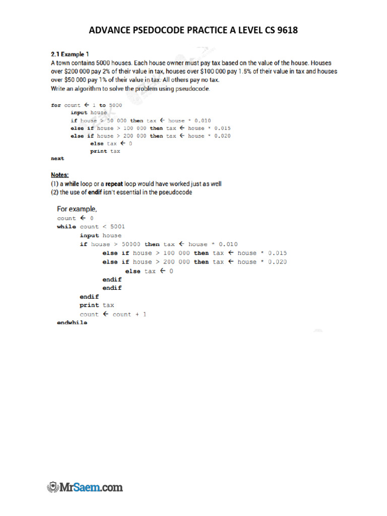 Advance Psedocode Practice A Level CS 9618 | PDF