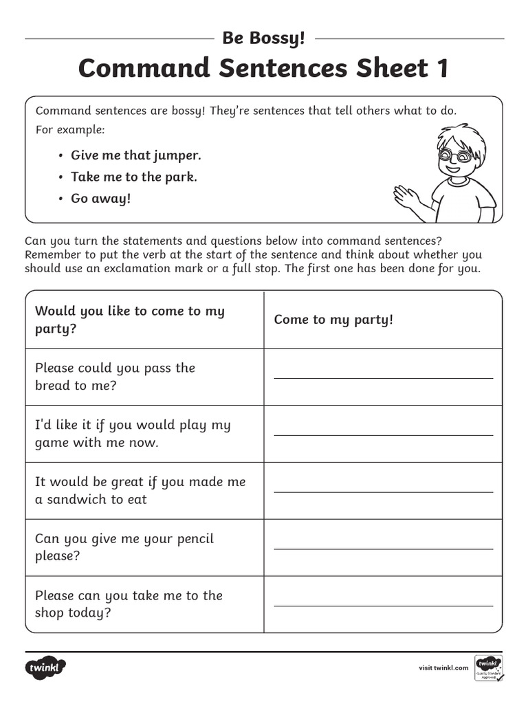 T e 1647337373 Be Bossy Command Sentence Activity Sheet Ver 2 | PDF