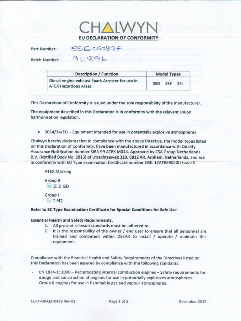 Spark Arrestor Certificate HT23RTJO | PDF